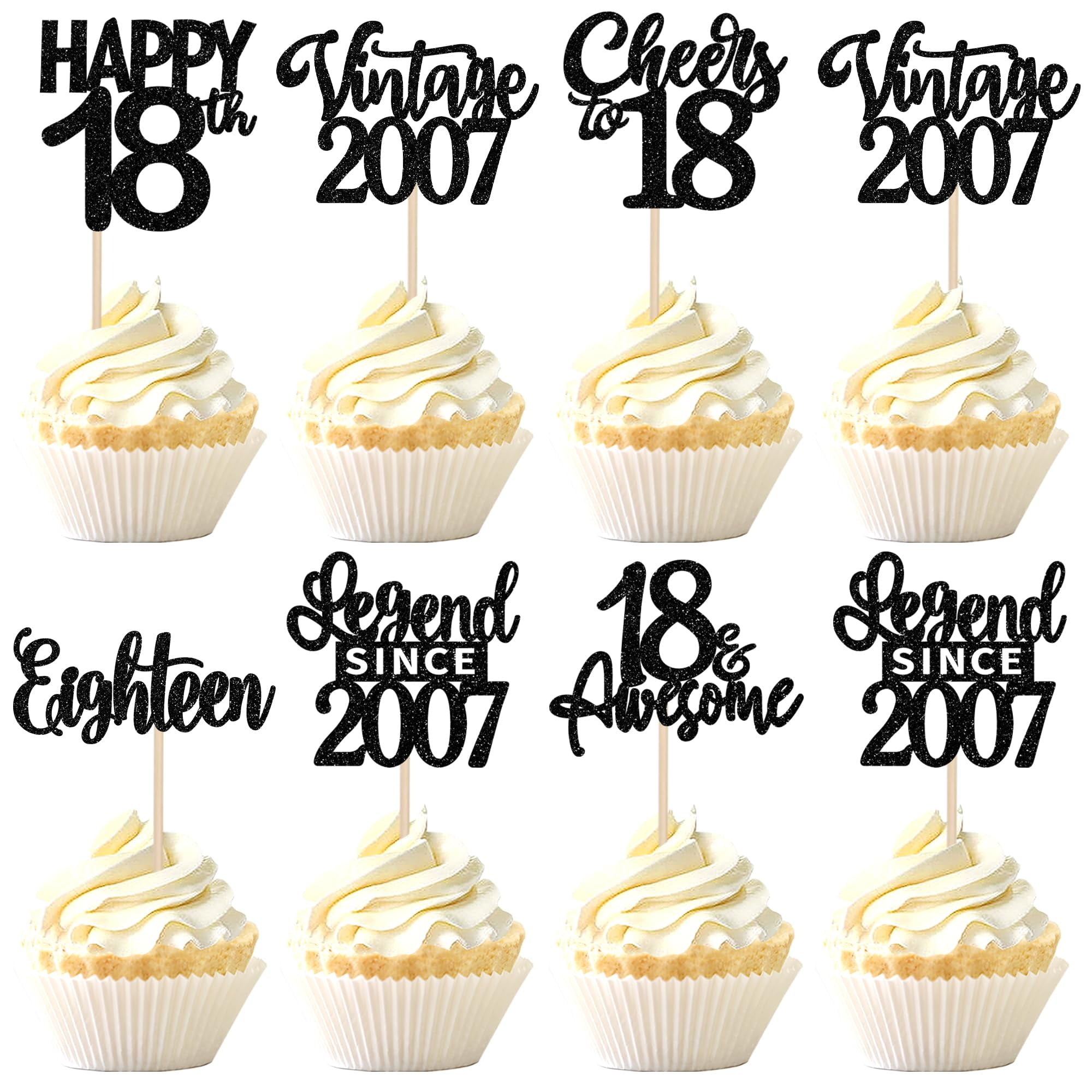 24PCS Black 18th Birthday Cupcake Toppers KKS1 Eighteen Happy 18 ...