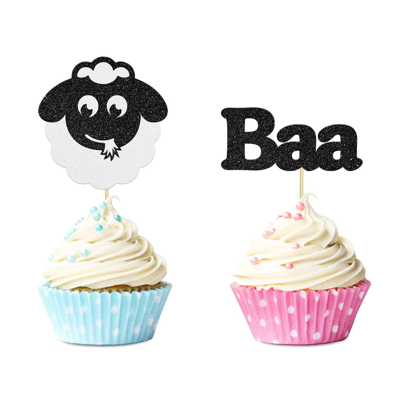 24PCS Black Glitter Sheep CM31 Baa Cupcake Toppers for Baby Shower ...