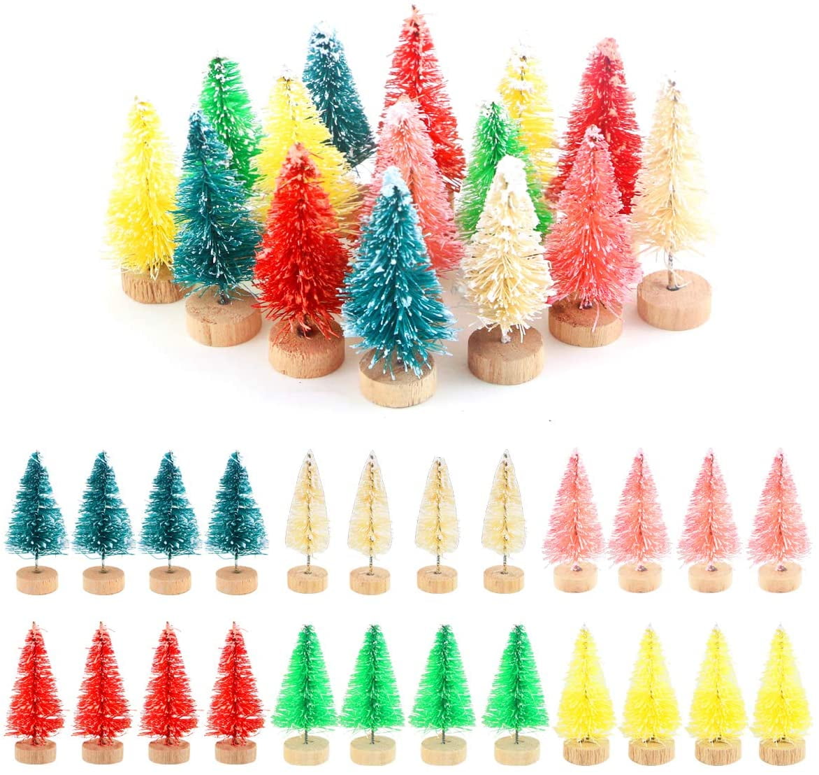 24PCS Colorful Mini Pine Trees Frosted Sisal Trees with Wood Base ...