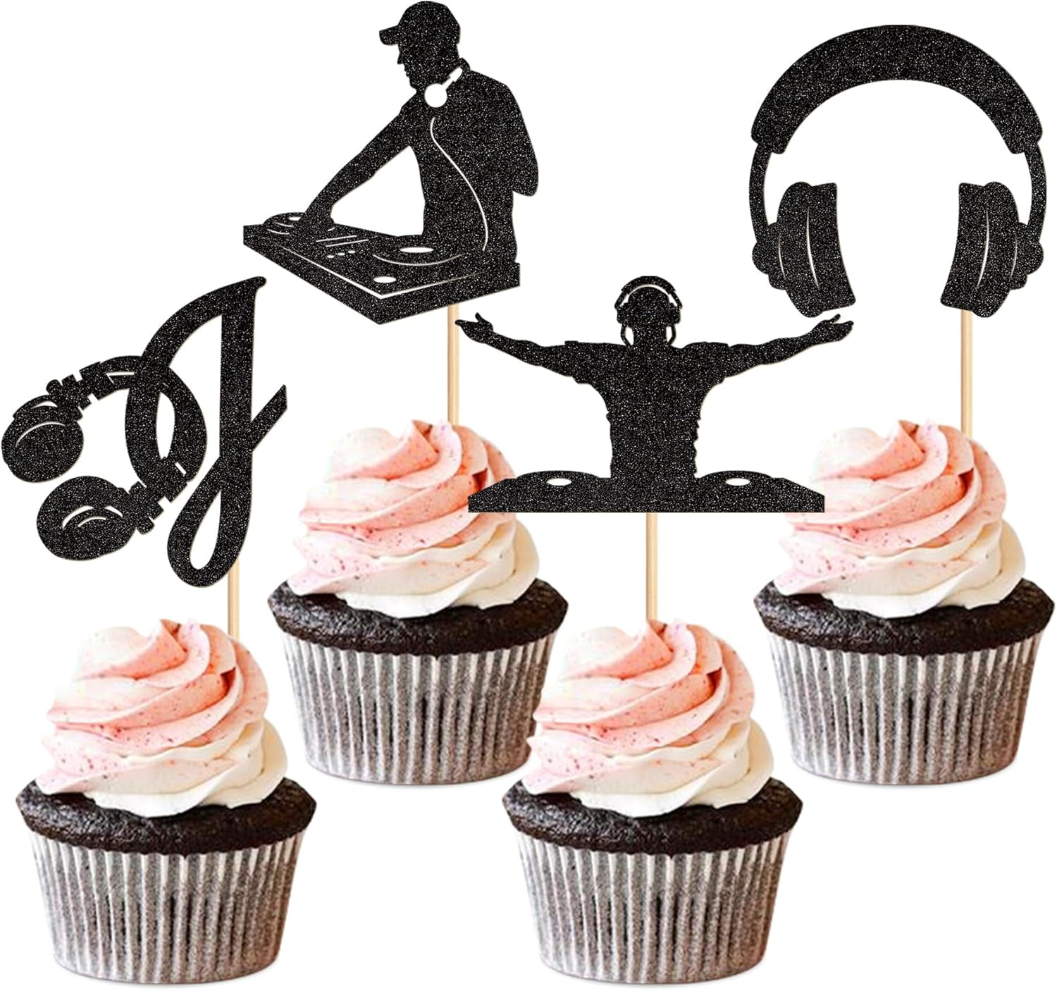 24PCS DJ Cupcake Toppers Glitter Black Rock Music DJing Picks Headset ...