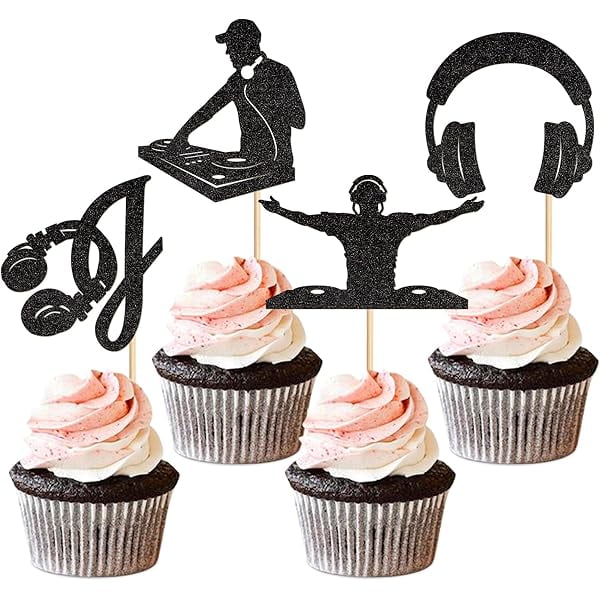 24PCS DJ Cupcake Toppers Glitter Black Rock Music DJing Picks Headset ...