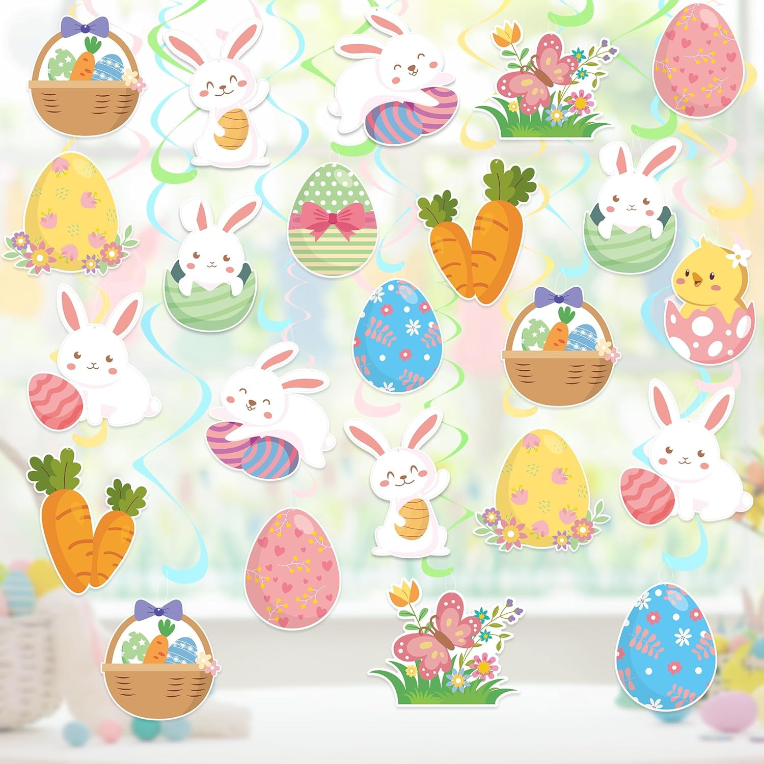 24PCS Easter Hanging Swirl Decorations Easter Eggs Bunny Ceiling ...