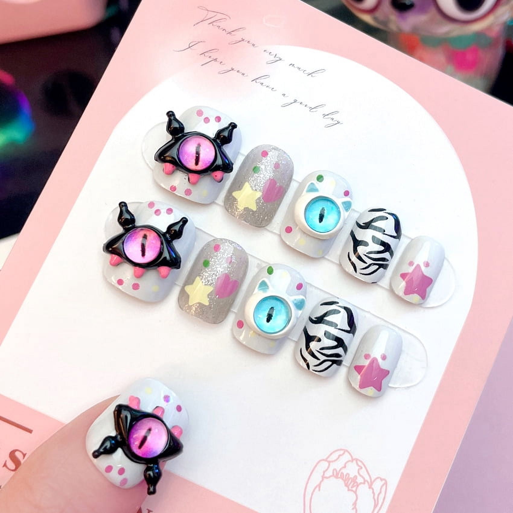 24PCS Fake Nails 3D Rabbit Star Rhinestone Designs White Blue Color ...