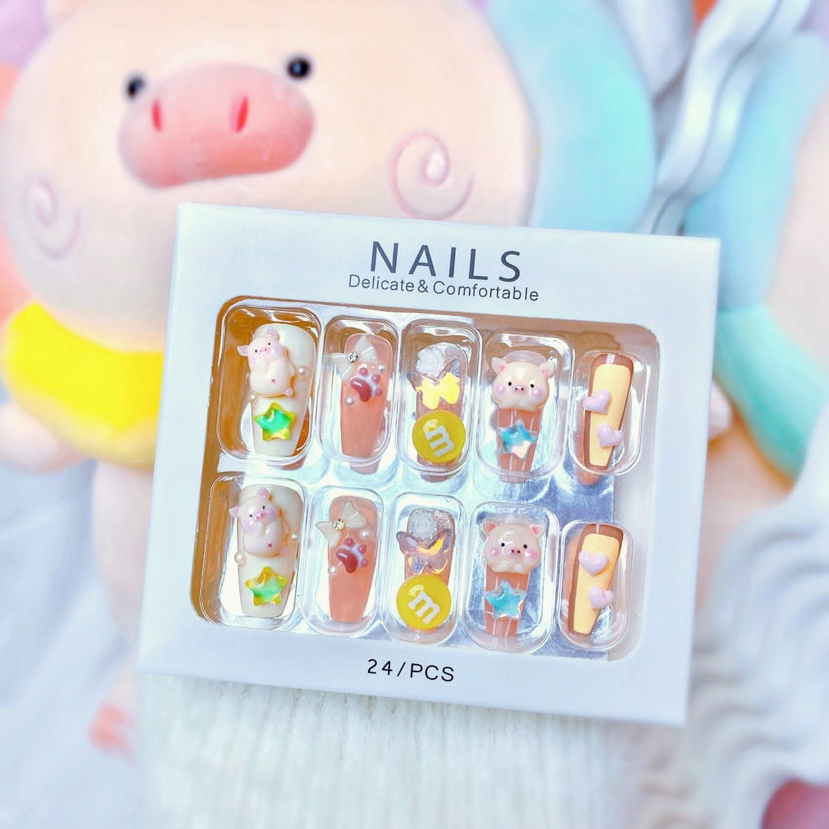 24PCS Fake Nails 3D Rabbit Star Rhinestone Designs White Blue Color ...
