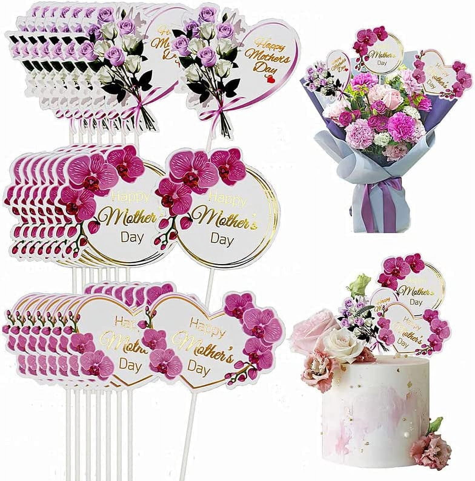 24PCS Happy Mothers' Day Cake Topper Set,Heart Round Butterfly Orchid ...