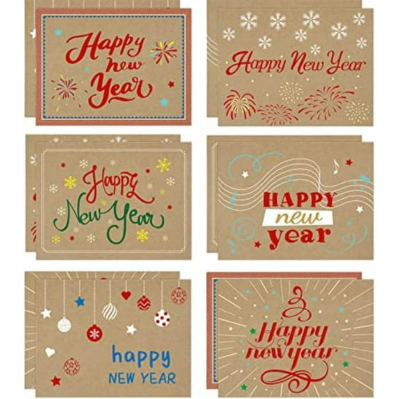 24PCS Happy New Year Cards with Envelopes Kraft Holiday Greeting Cards ...