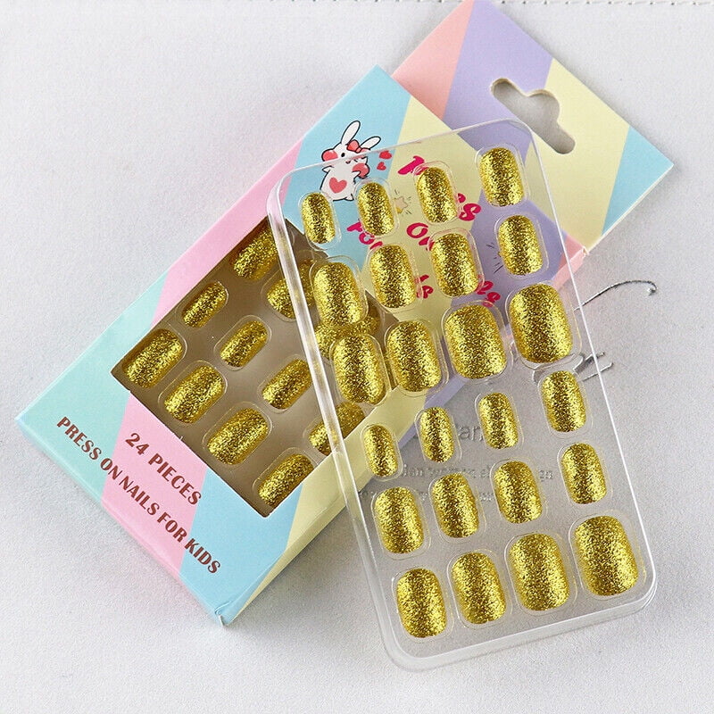 24PCS Kids Childrens Girls Fake Stick Press On False Finger Nails Full ...