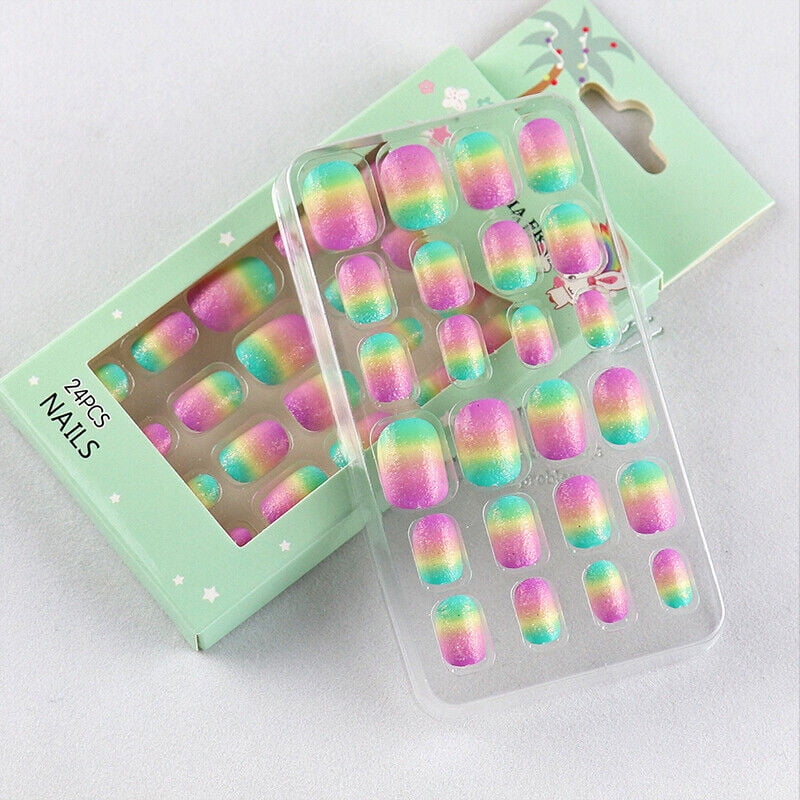 24PCS Kids Childrens Girls Fake Stick Press On False Finger Nails Full ...