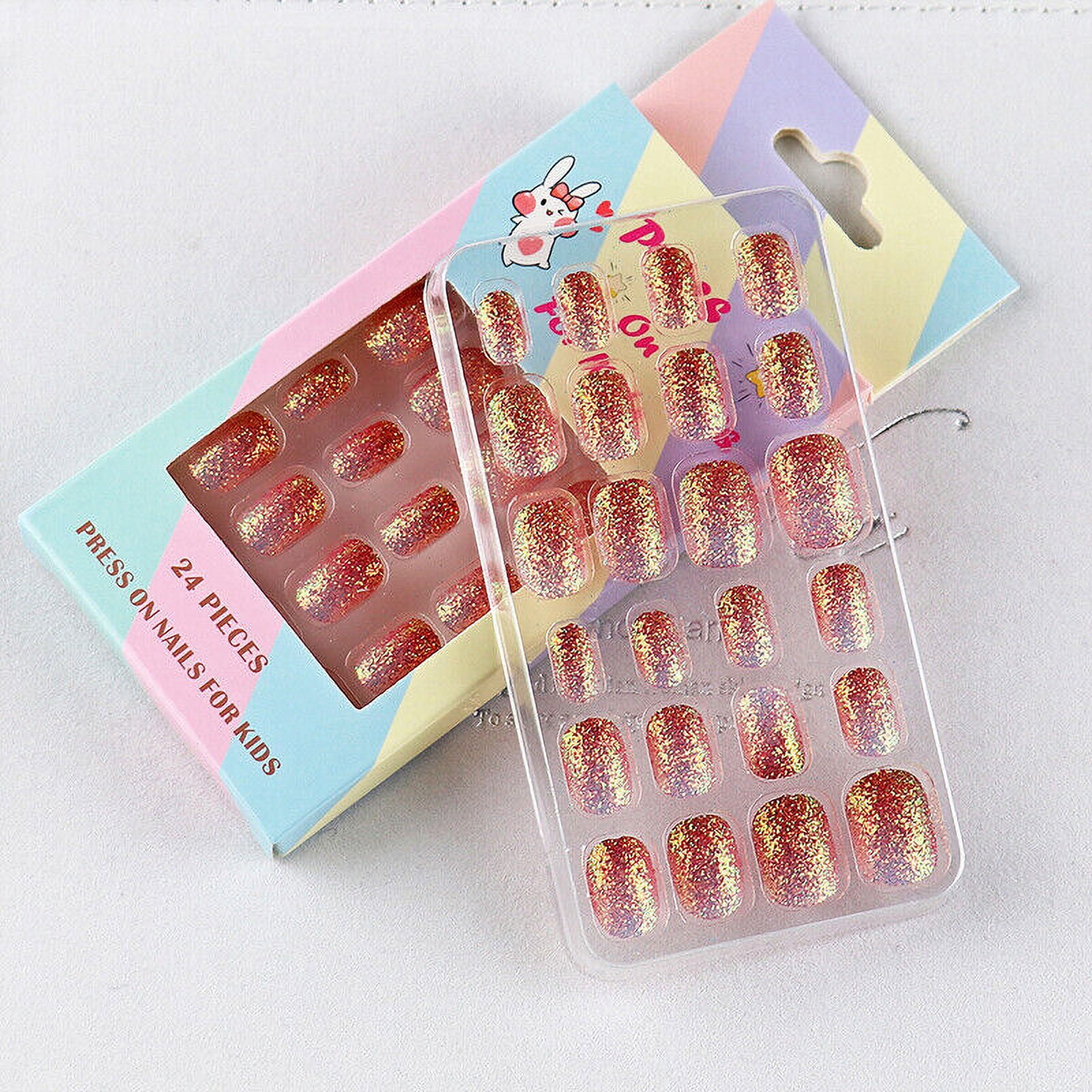 24PCS Kids Childrens Girls Fake Stick Press On False Finger Nails Full ...