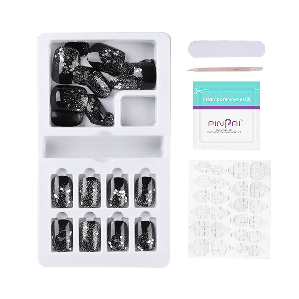 24PCS Nails Reusable Stick on Nails Press on Full Cover False Nail Tips ...