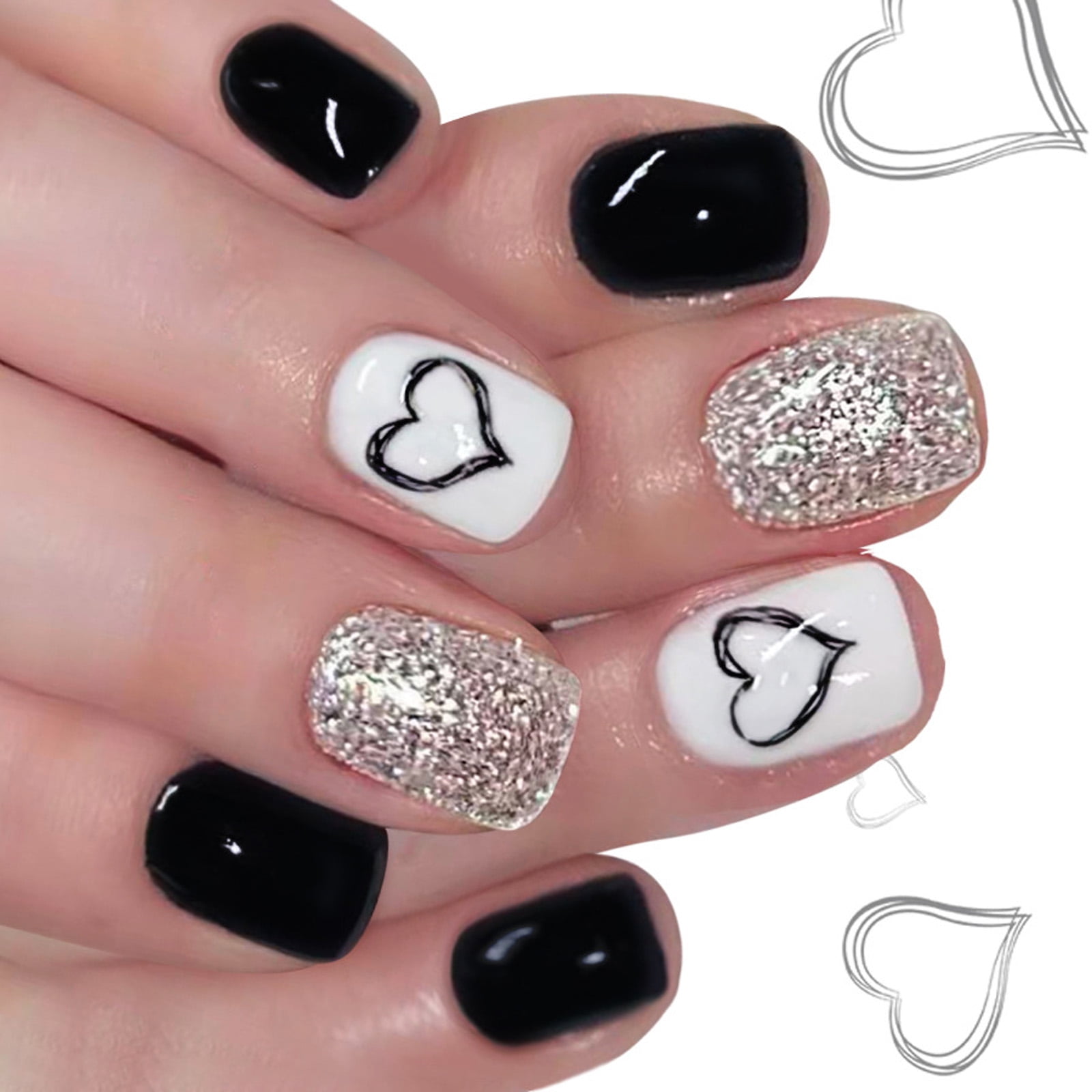 24PCS Short False Nails ABS Build Heart Design Sweet Styles Artificial ...