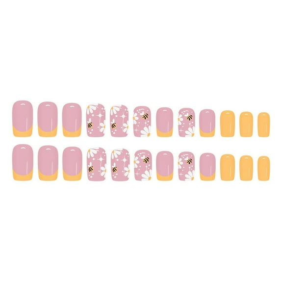 24PCS Short Press Nails Featuring French Yellow White Floral and Lovely ...