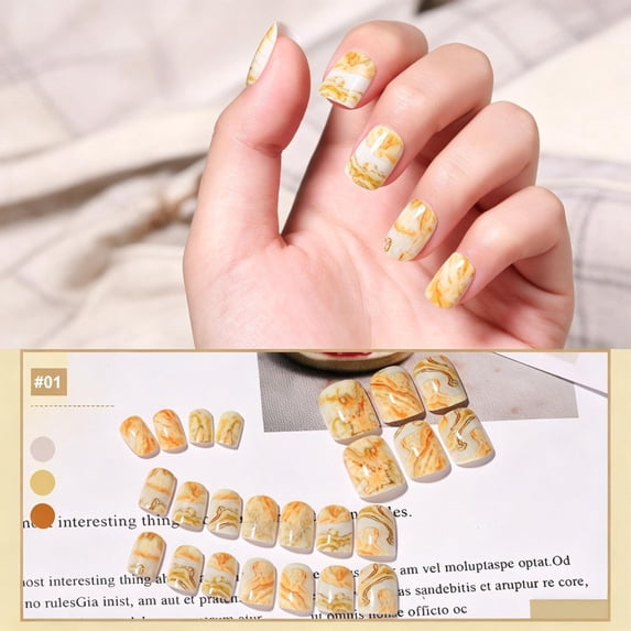 24PCS Short Square Press On Nails, Yellow Marble Pattern Glossy Full ...