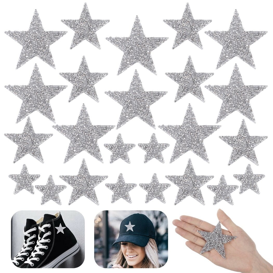 Peaoy 24PCS Rhinestone Star Patches, 3 Sizes Silver Iron on Glitter ...