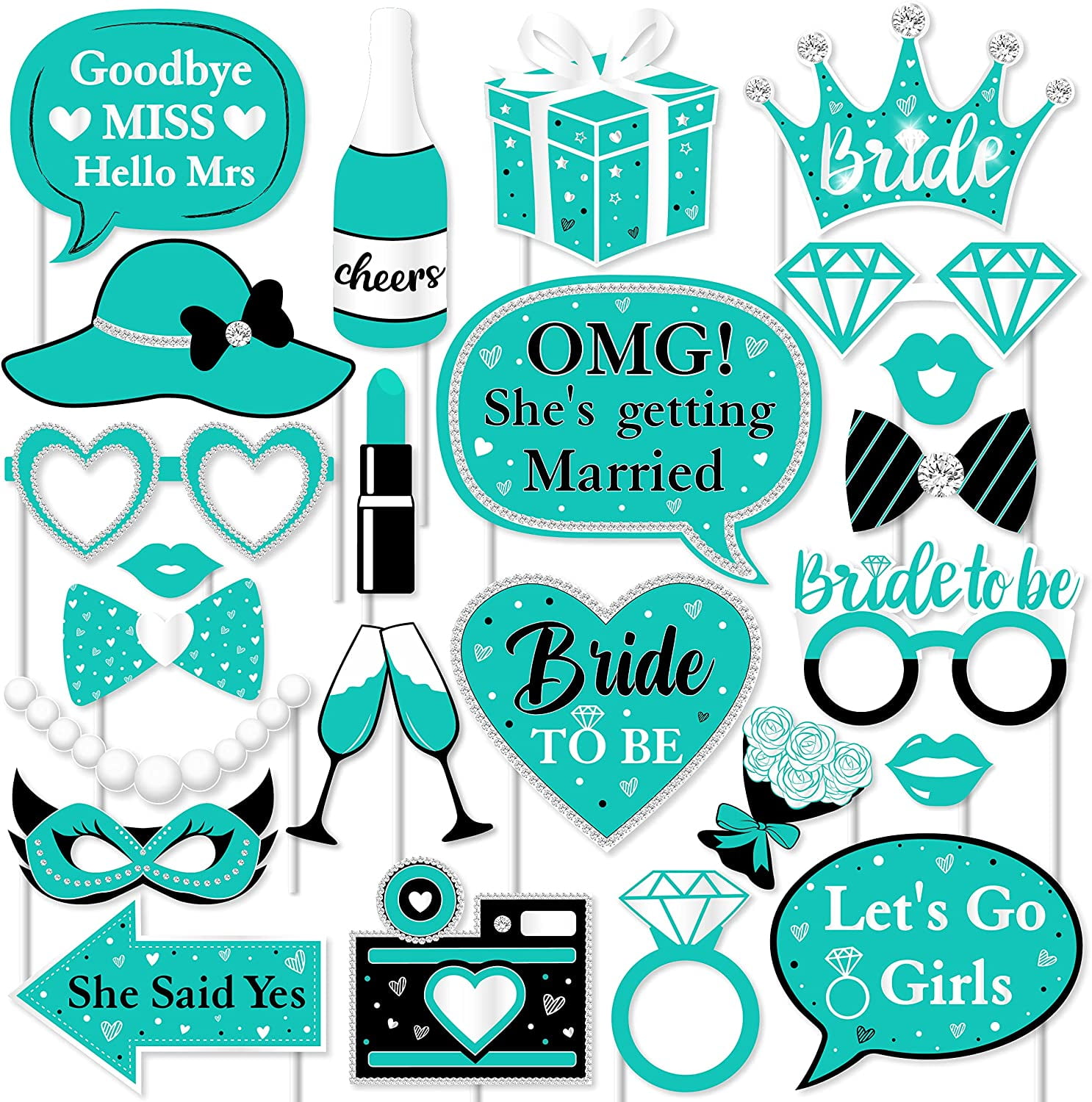 24PCS Turquoise Bachelorette Party Photo Booth Props Kit, Teal Blue ...