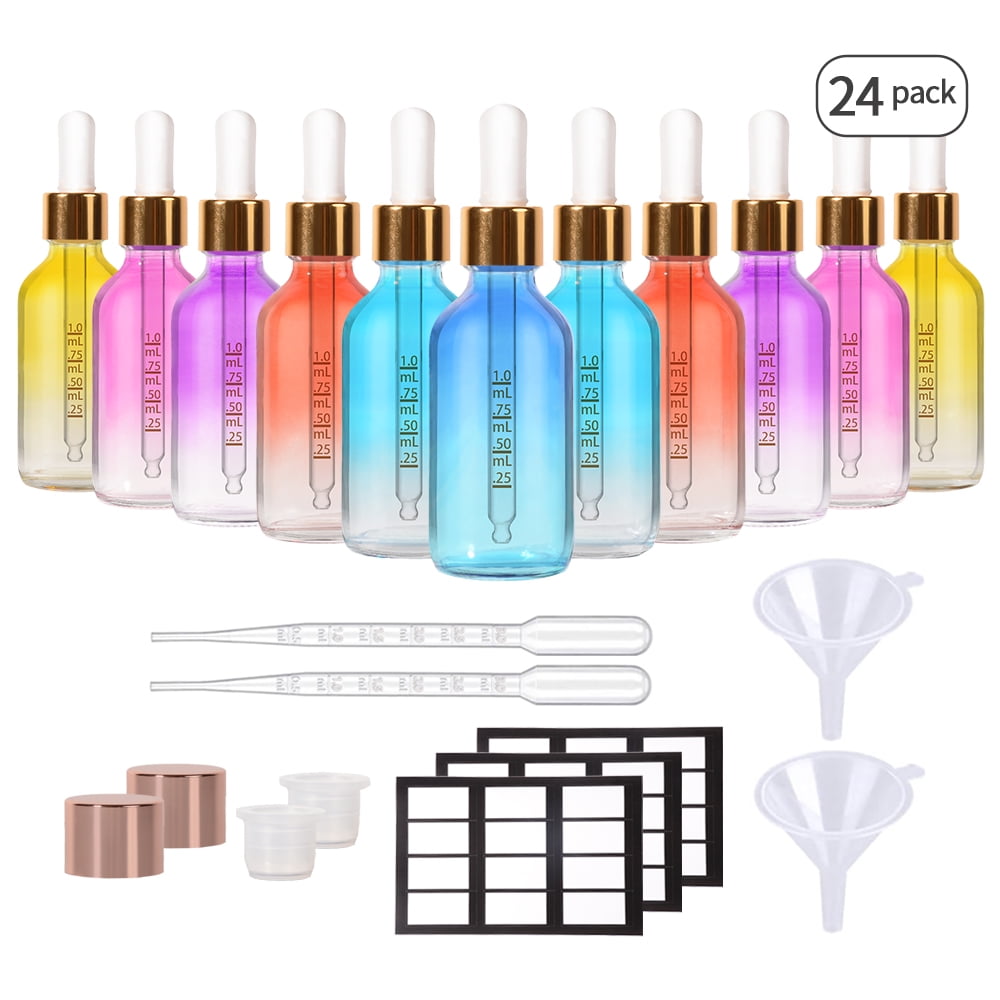 24Pack 2oz Rainbow Colored Glass Bottles with Golden Caps, Extra ...