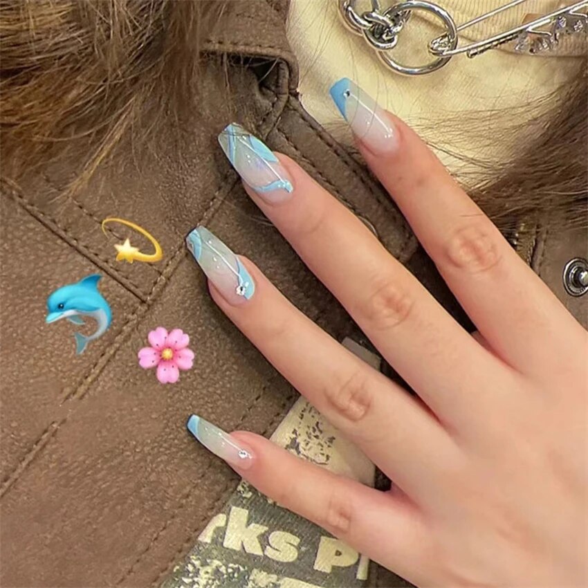 24Pc/Lot Light Pink Blue Gradient Long Ballet Fake Nails Acrylic Press ...