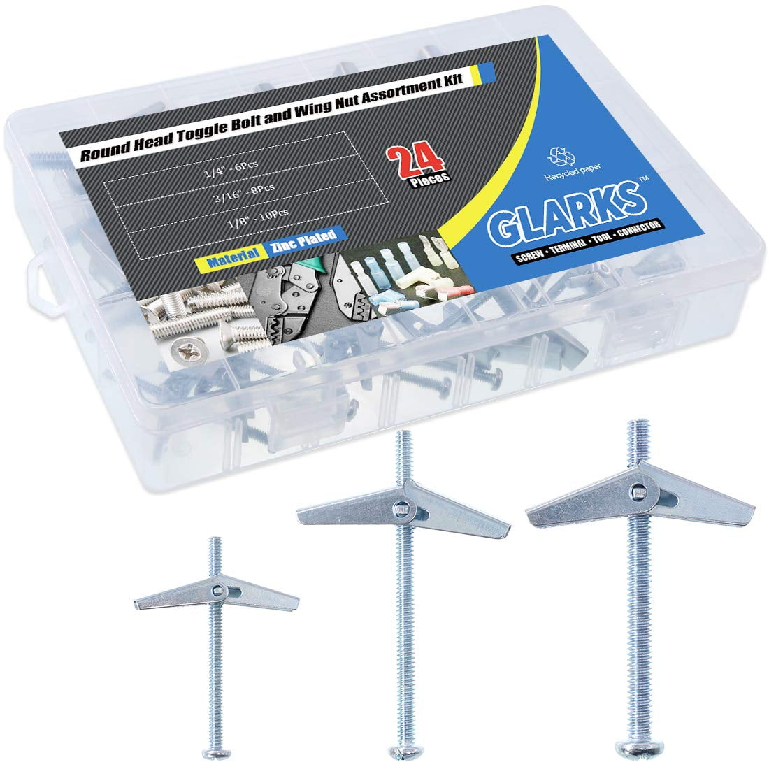24Pcs 1/8'', 3/16'', 1/4'' Toggle Bolt and Wing Nut Assortment Kit Zinc ...