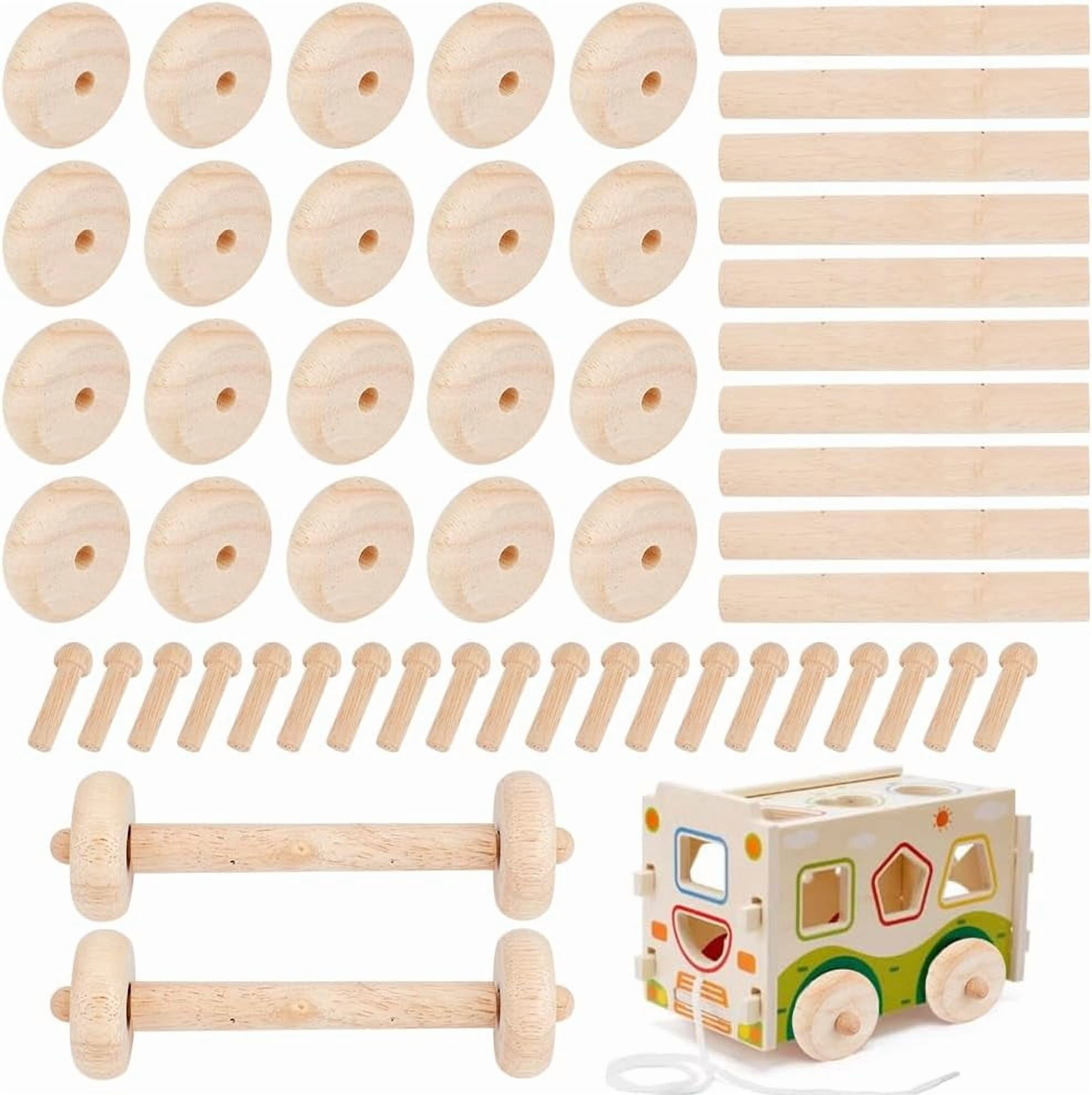 24Pcs 1.8x0.6 Inch Wooden Wheels with 36pcs Wood Sticks 7mm Hole ...