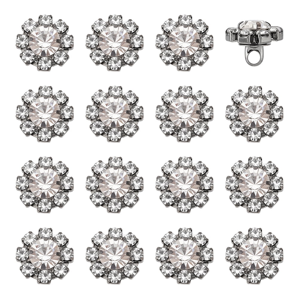 24Pcs 1-Hole Zinc Alloy Buttons with Rhinestone Flower Gunmetal 10 ...