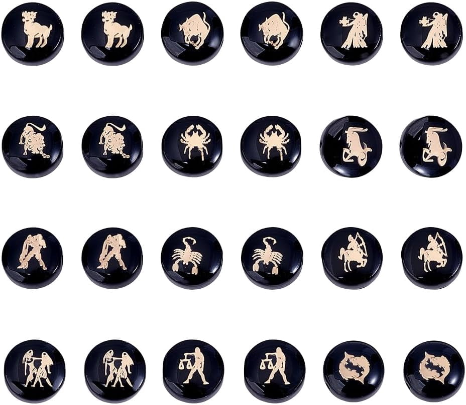 24Pcs 12 Constellations Beads Double Side Flat Round Zodiac Beads Black ...