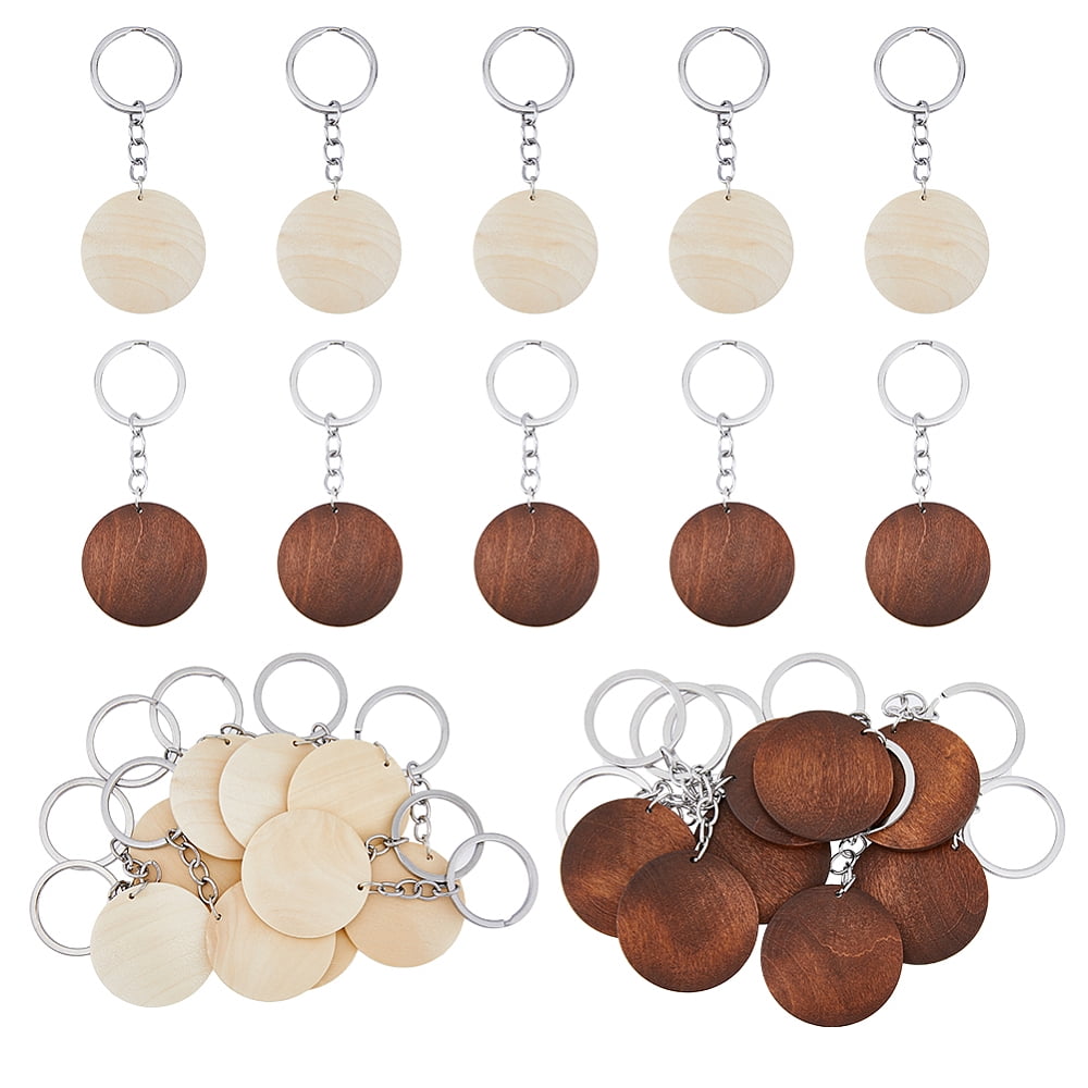 24Pcs 2 Colors Flat Round Wooden Keychain with Iron Findings Mixed ...
