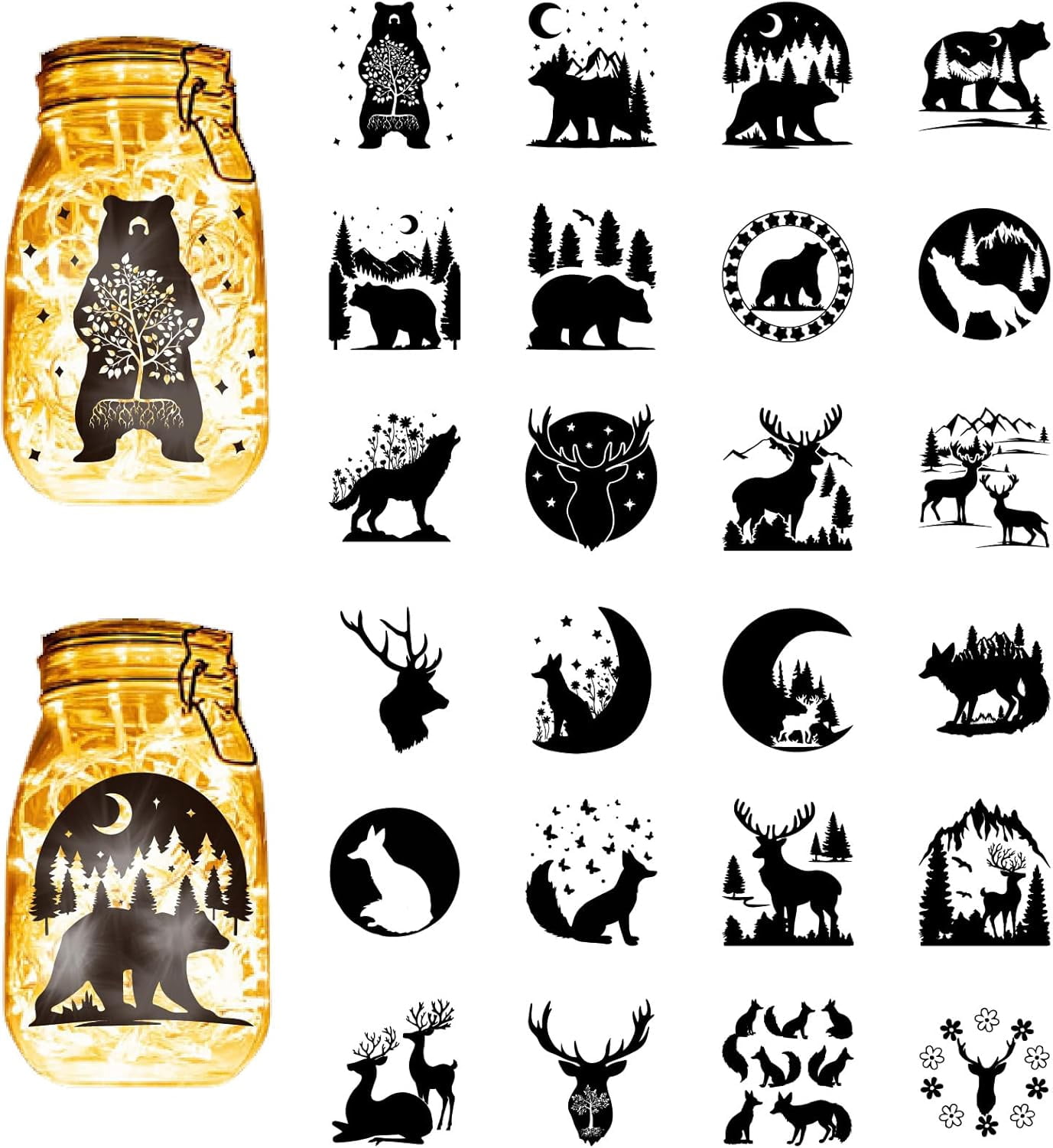 24Pcs 24 Styles Mason Jar Silhouette Stickers Glass Jar Decals Deer ...