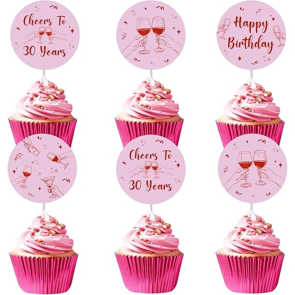 24Pcs 30th Birthday Cupcake Toppers Hot Pink, Cheers to 30 Years Cake ...