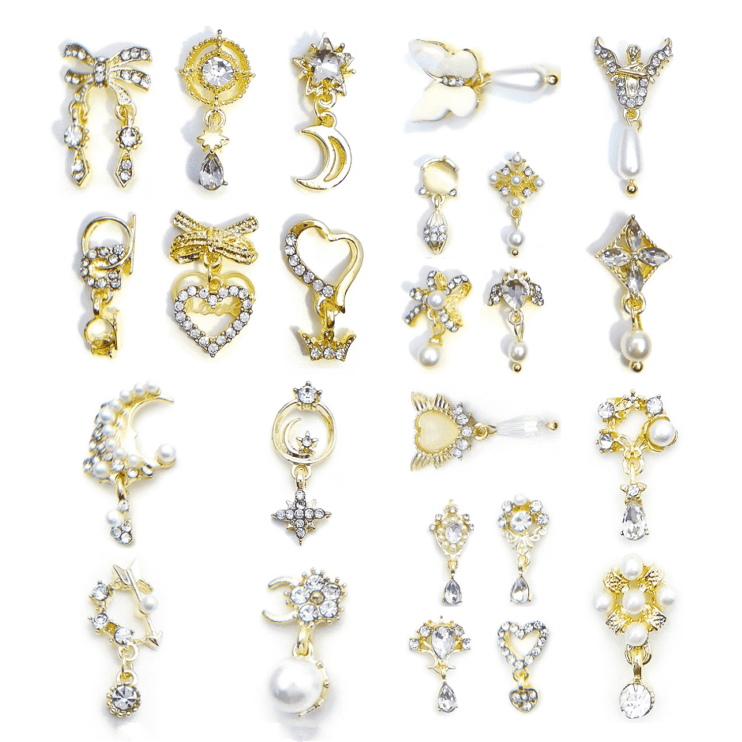 24Pcs 3D Gold Nail Charms,Jademall Dangle Flat Back Rhinestones Crystal ...