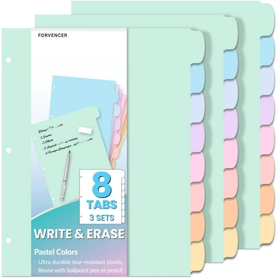 24Pcs/3Set Binder Dividers with Big 8 Tabs, Write&Erase Plastic ...