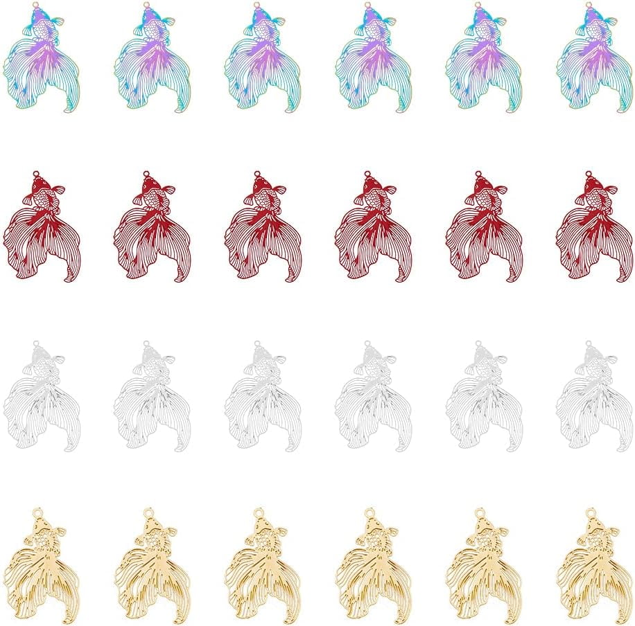 24Pcs 4 Colors Filigree Fish Pendants 201 Stainless Steel Etched Metal ...