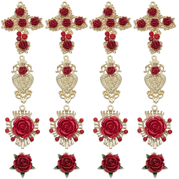 24Pcs 4 Styles Alloy Rhinestone Pendants with Rose Flower Charms Light ...