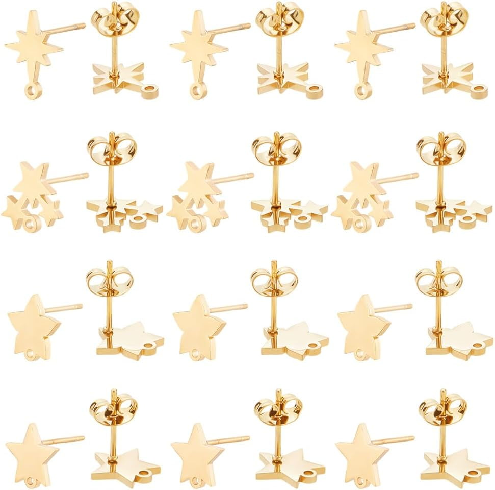 About 24Pcs 4 Styles Stainless Steel Stud Earring Findings Star Stud ...