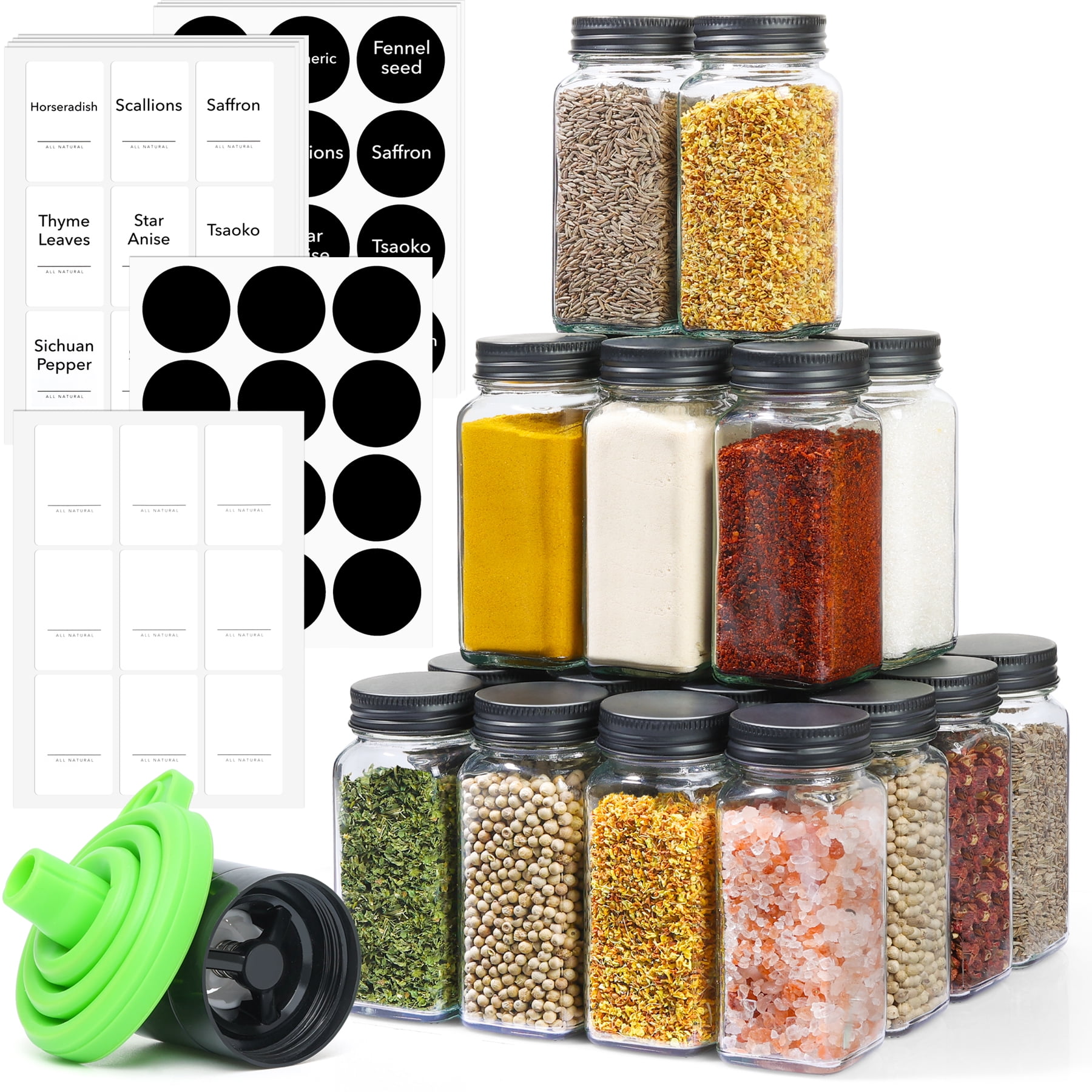 24Pcs 4oz Glass Spice Jars with Shaker Lids, 93 Labels, a Handy Funnel ...