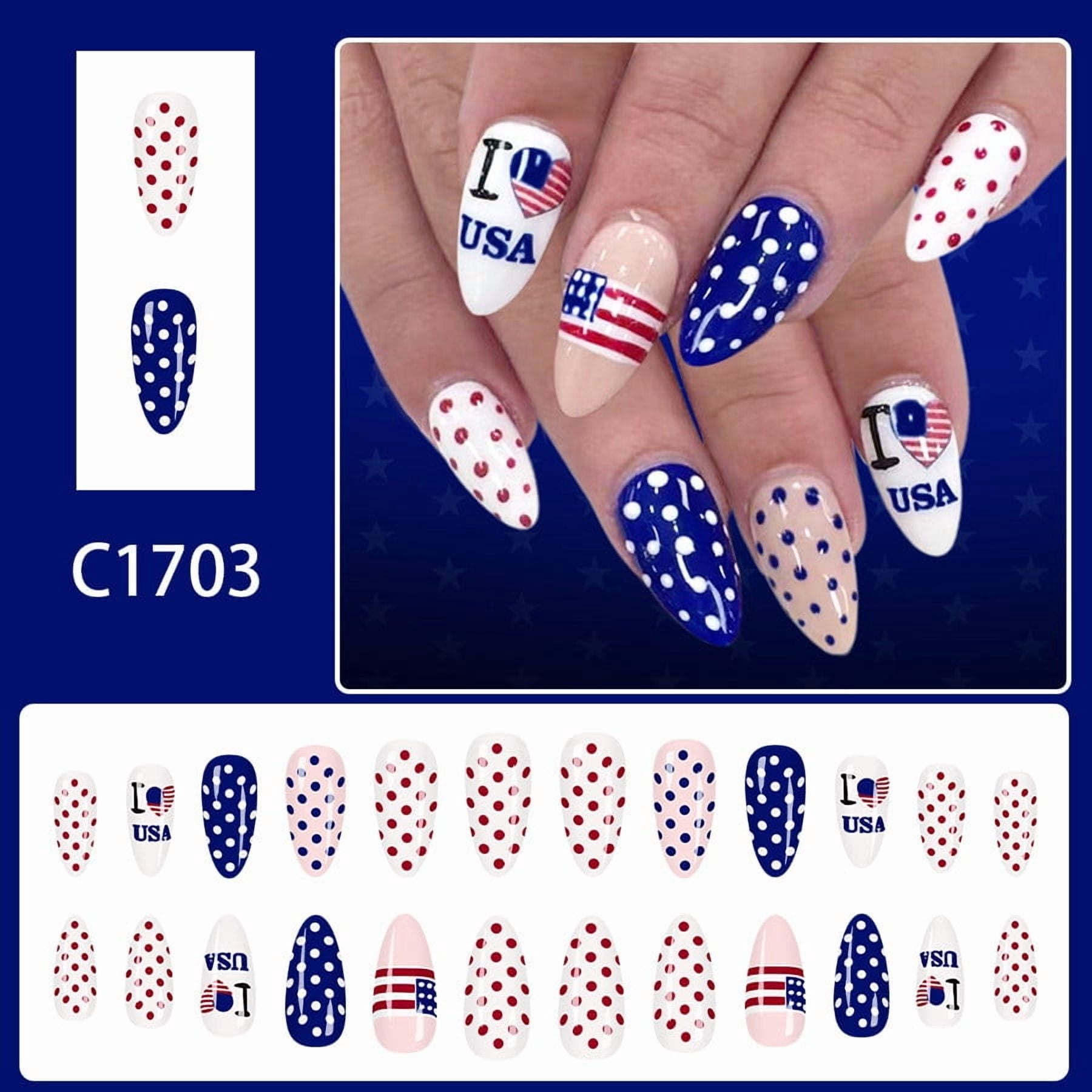 24Pcs 4th of July Press On Nails, Patriotic Red White Blue Star & Swirl ...