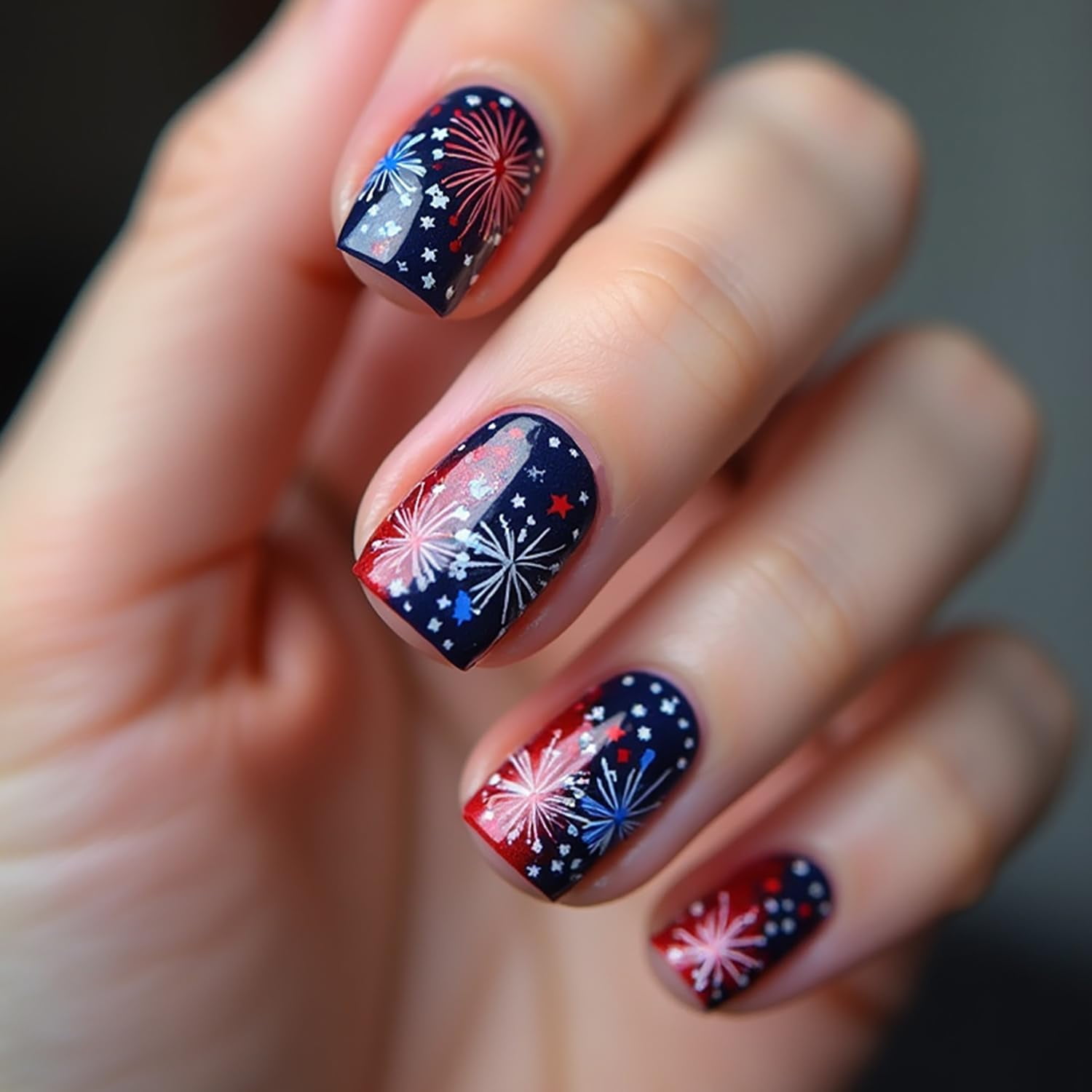 24Pcs 4th of July Press on Nails Short Square Fake Nails with Designs ...