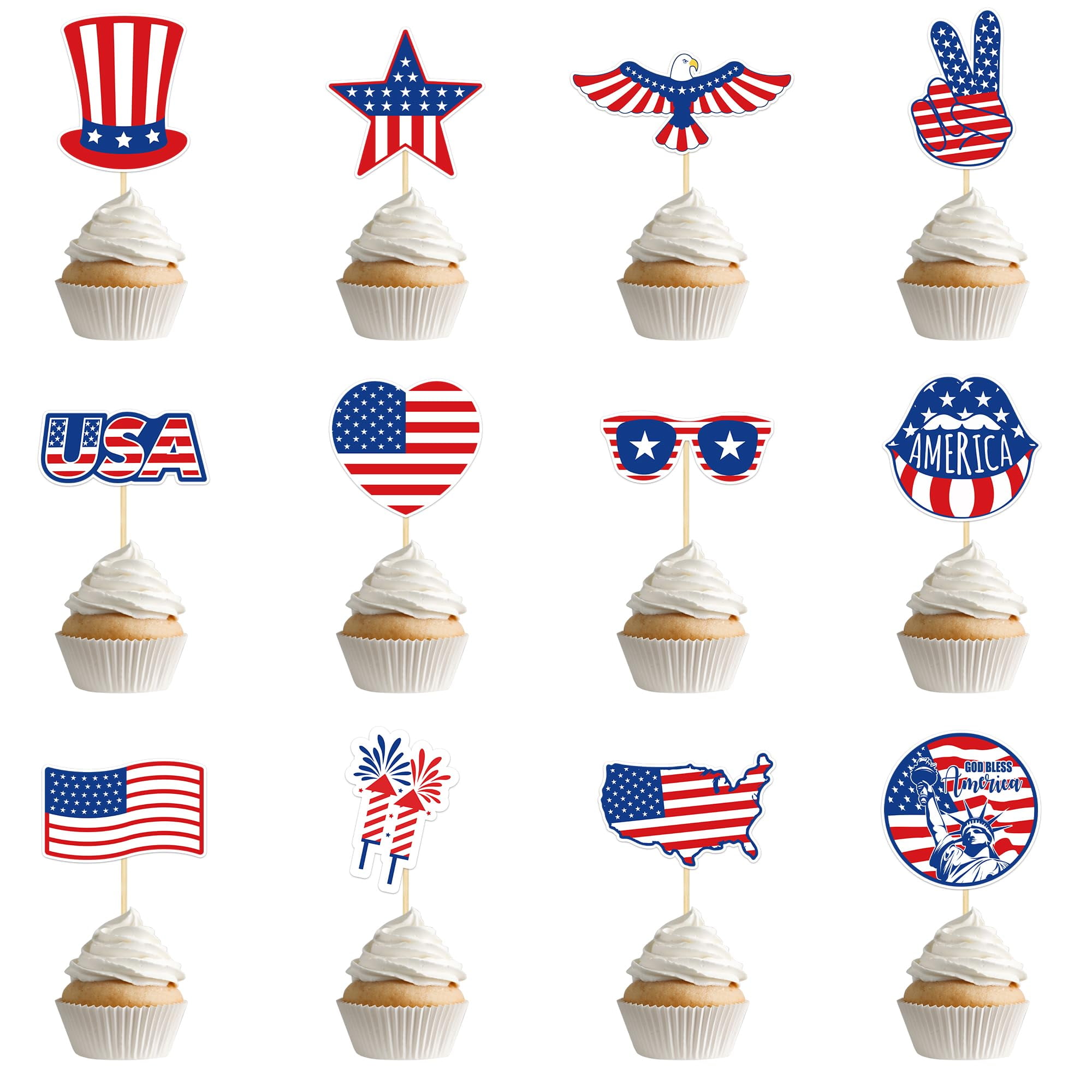 24Pcs 4th ofEGSC July Cupcake Toppers, Smooth Paper Cake Topper Sticks ...