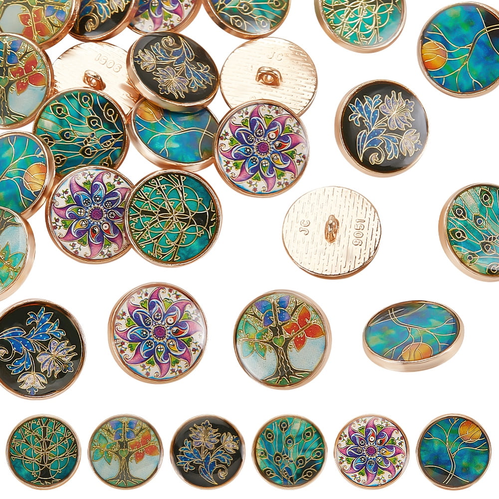 24Pcs 6 Colors Alloy Enamel Shank Buttons 1-Hole Flat Round with Flower ...
