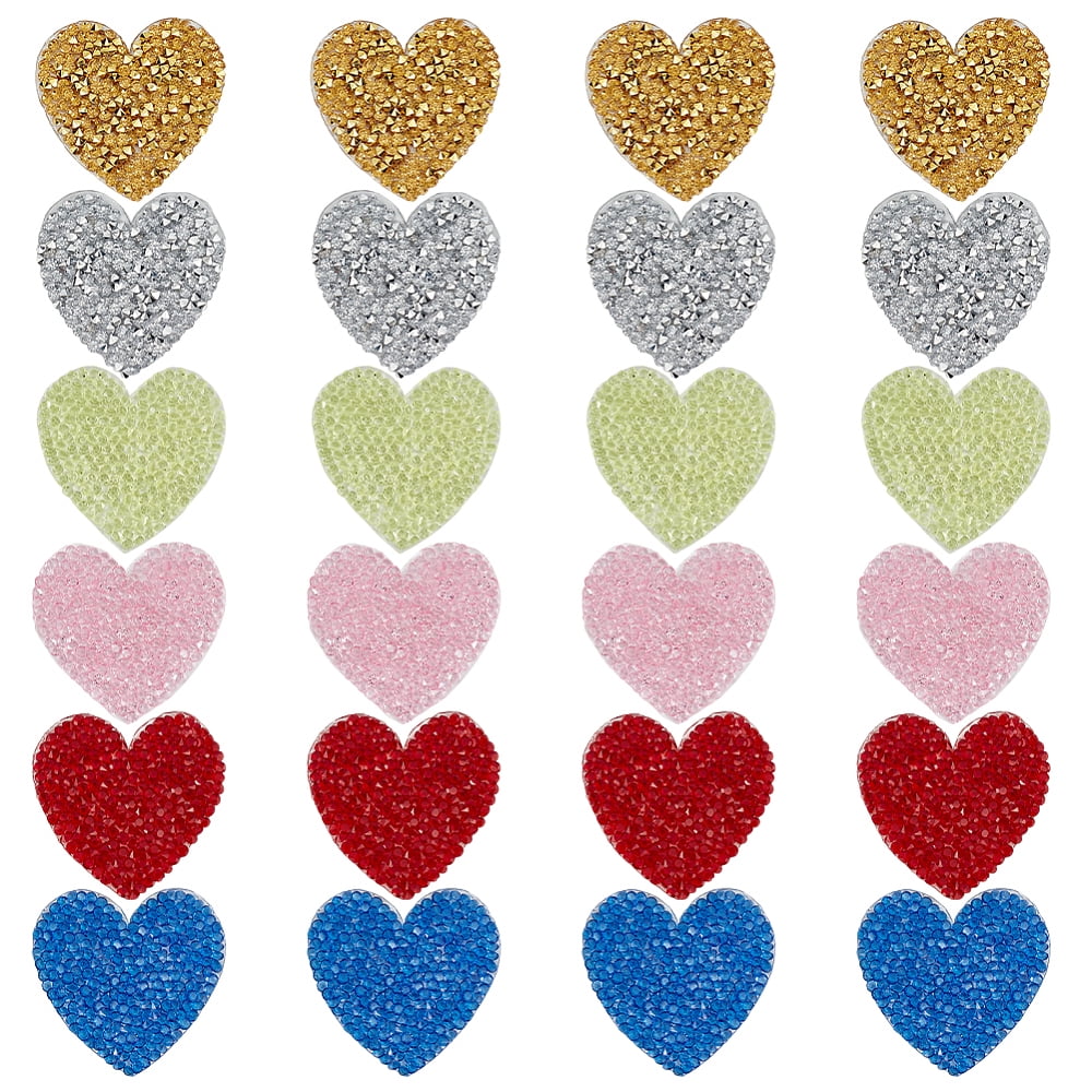 24Pcs 6 Colors Rhinestone Thread Iron on/Sew On Patches Heart Hot Melt ...