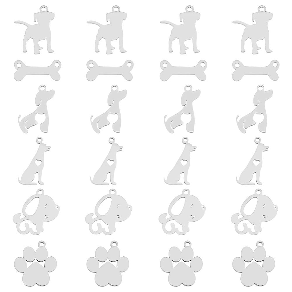 24Pcs 6 Style 201 Stainless Steel Pendants Dog Dog Paw Prints Stainless ...