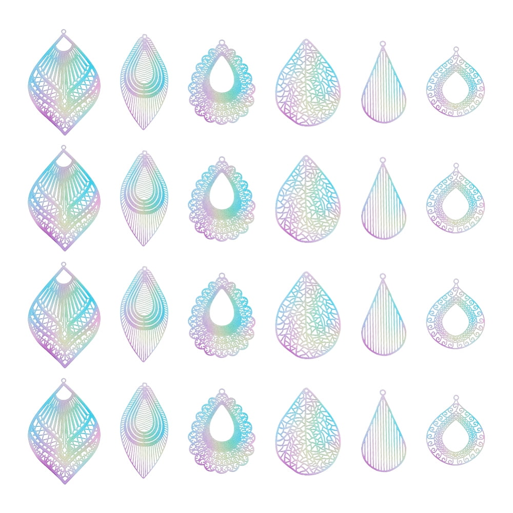 24Pcs 6 Style Spray Painted 430 Stainless Steel Pendants Teardrop Leaf ...