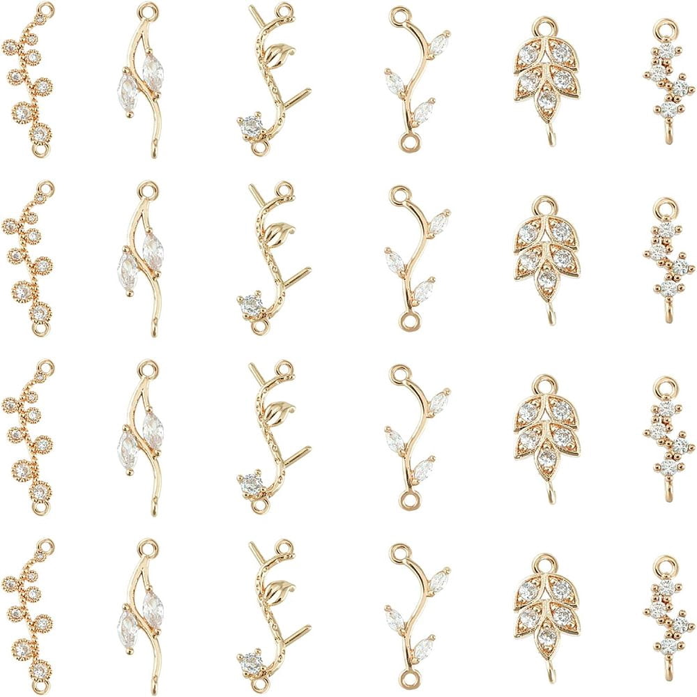 24Pcs 6 Styles Brass Clear Cubic Zirconia Connector Charms Branch and ...