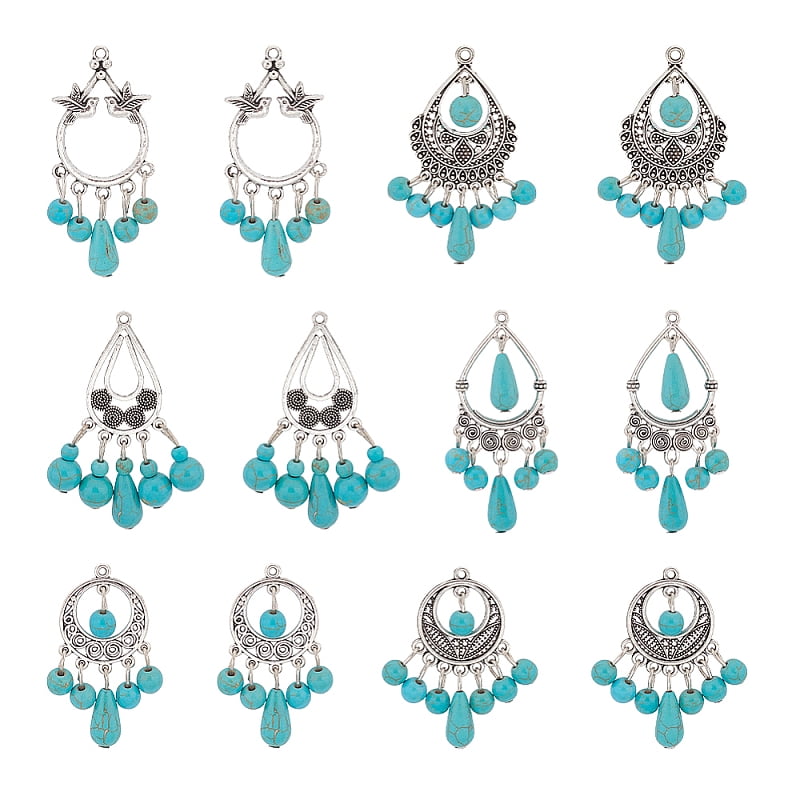 24Pcs 6 Styles Teardrop Dyed Turquoise Pendants Set Tibetan Style Alloy ...