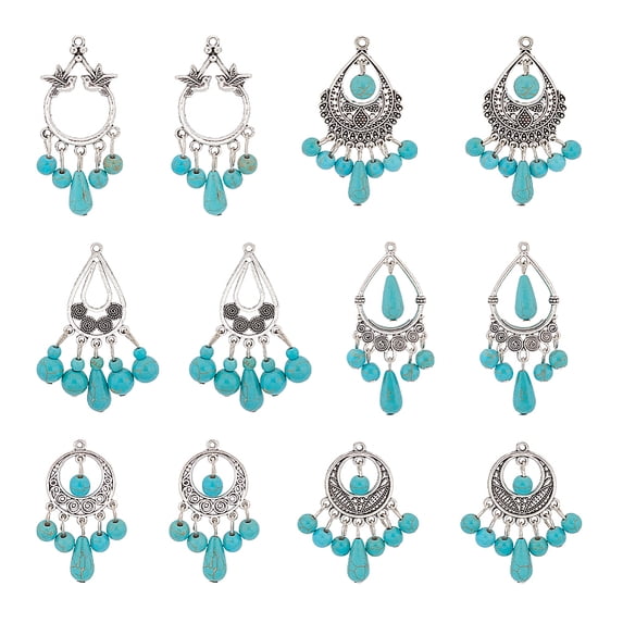 24Pcs 6 Styles Teardrop Dyed Turquoise Pendants Set Tibetan Style Alloy ...