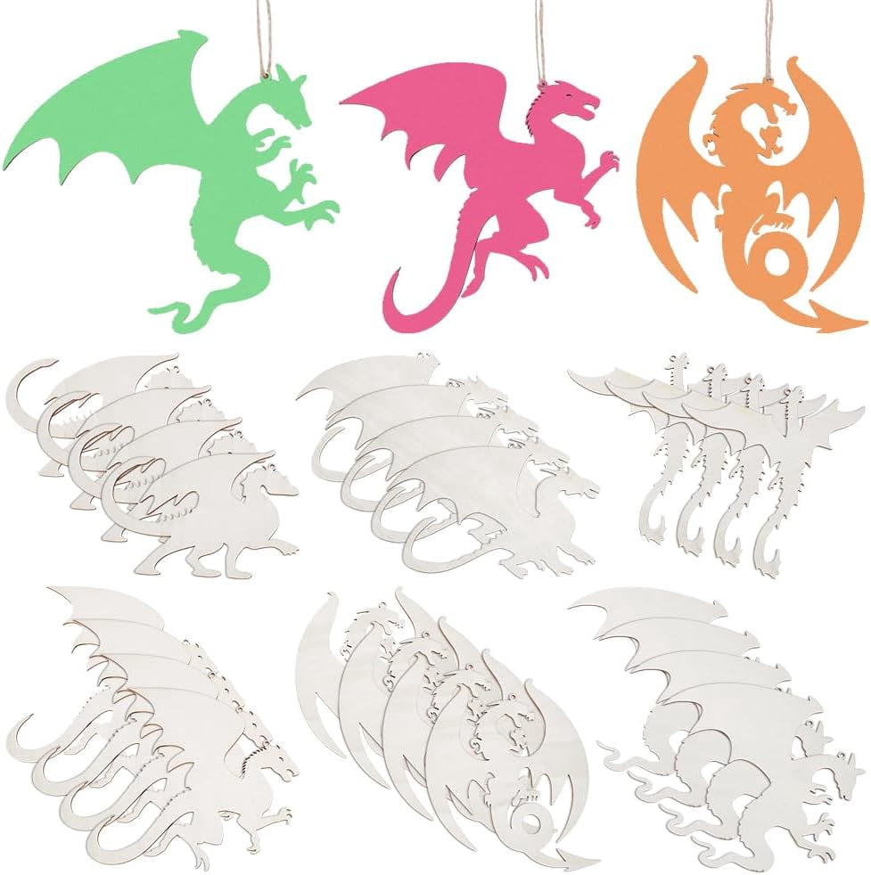 24Pcs 6 Styles Wood Dragon Cutouts Unfinished Wooden Dragon Hanging ...