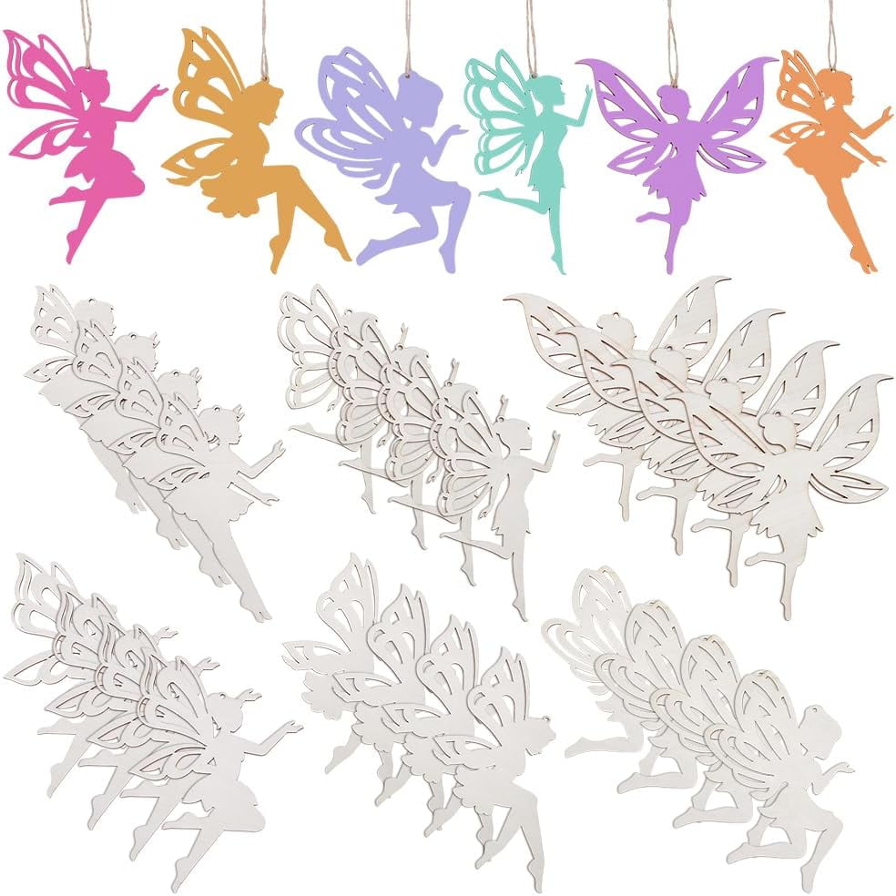 24Pcs 6 Styles Wood Fairy Cutouts Unfinished Wooden Fairy Hanging ...