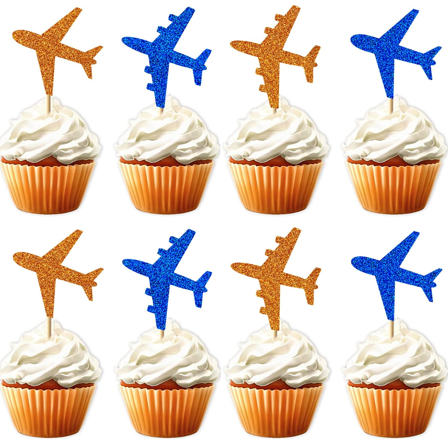 24Pcs Airplane CupcakeTRDN Topper Decorations Glitter Blue Orange ...