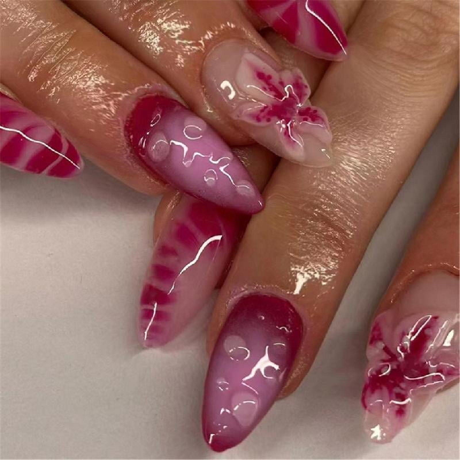 24 Pieces Press on Nails Set with French Almond Designs and Floral ...