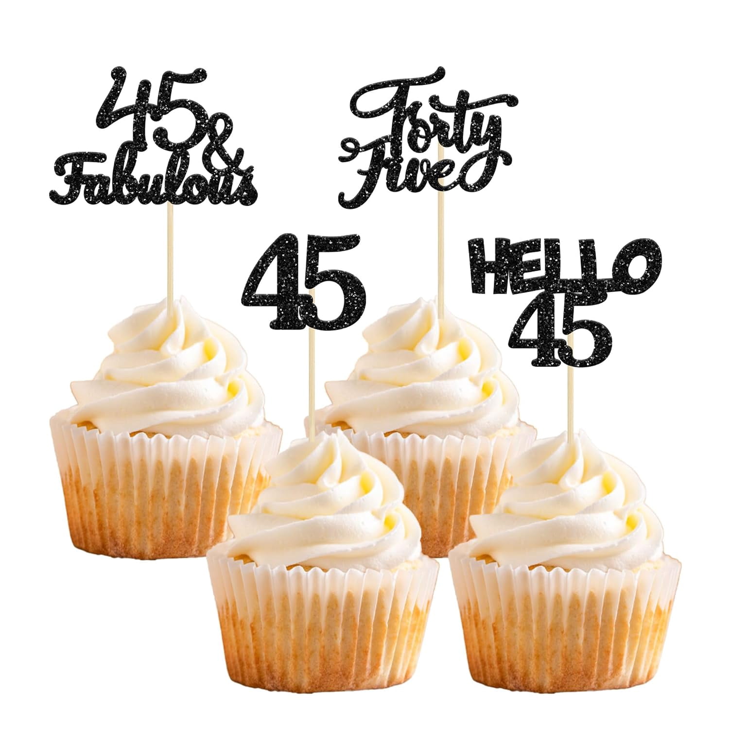 24Pcs Black Glitter 45th Birthday Cupcake Toppers Hello 45 Cake Toppers ...