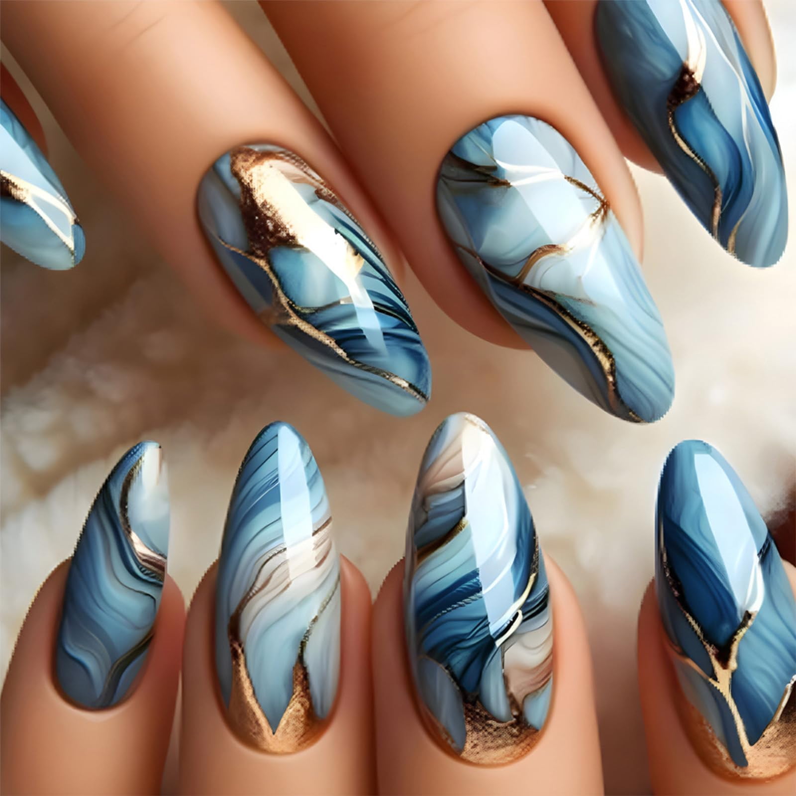 24Pcs Blue Gradient Press DHF10 on Nails Flowing Sand Fake Nails Sparkly Curve Gel Glue on ...